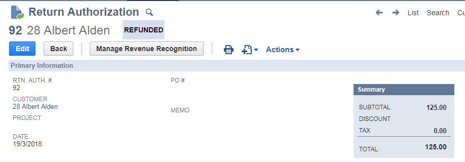 Customer Return Management steps in NetSuite
